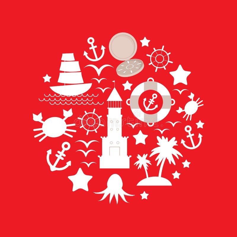 Set Sea Icon on Red Background. Vector Stock Vector - Illustration of ...