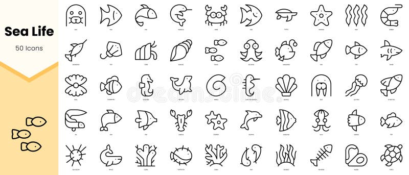 Set of Sea Life Icons. Simple Line Art Style Icons Pack Stock Vector ...