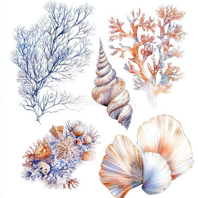 Set of Sea Shells, Corals and Algae. Vector Illustration Stock ...