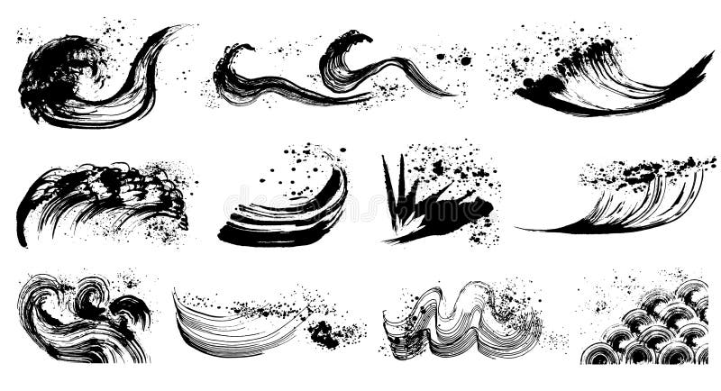 Set of Sea Spray Illustrations. Brush Stroke Wave. Stock Illustration ...