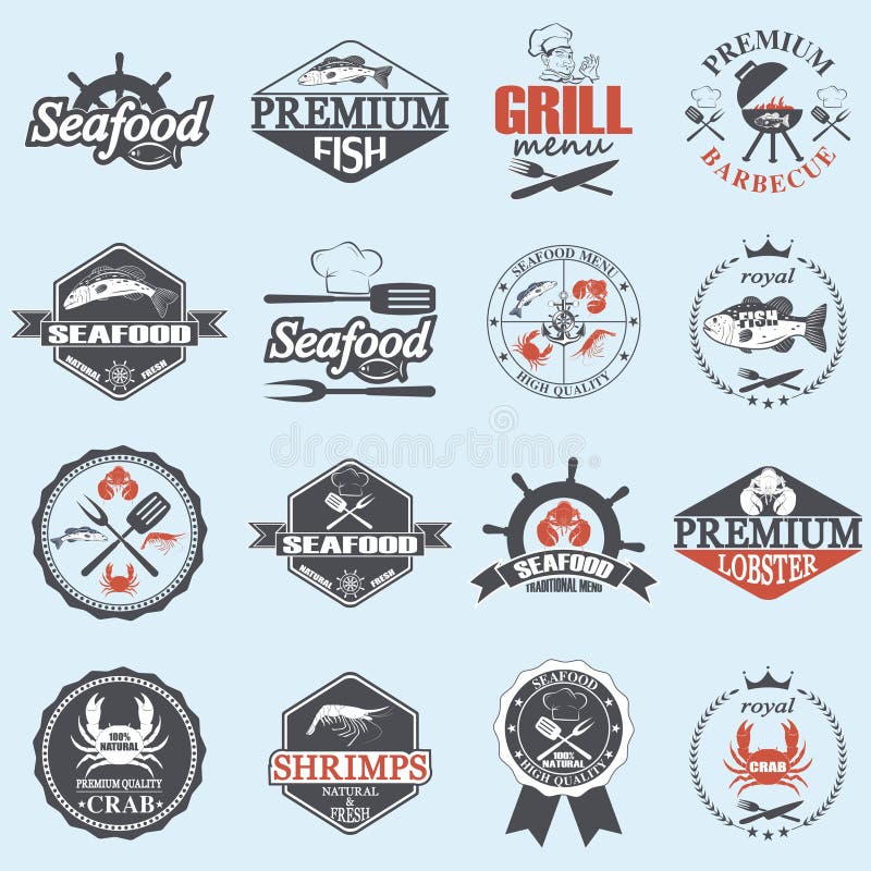Set of Seafood Labels and Signs Stock Vector - Illustration of ...