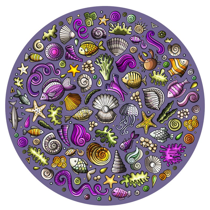 Set of Sealife Cartoon Doodle Objects, Symbols and Items Stock Vector ...