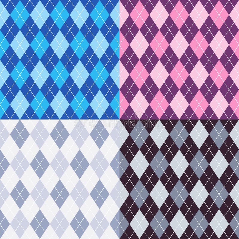Seamless Argyle Check Pattern in Pink, Light Blue and Gray with White Stitch. Vector Geometric ...