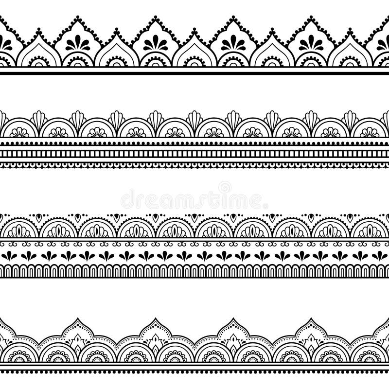 Set of Seamless Borders for Design and Application of Henna. Mehndi ...