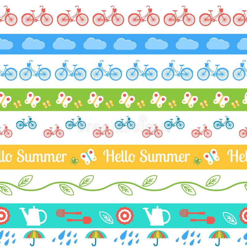 Set of Seamless Borders. Hello Summer. Stock Vector - Illustration of ...
