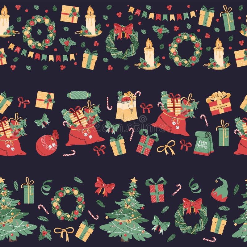 Set of Seamless Christmas Borders with Festive Elements. Patterns with ...