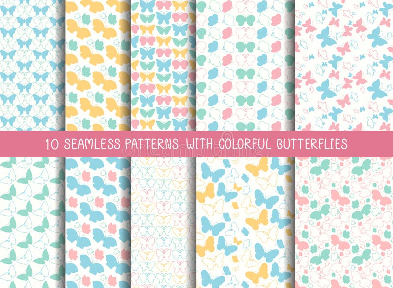 Set of Seamless Cute Butterfly Patterns. Stock Vector - Illustration of ...