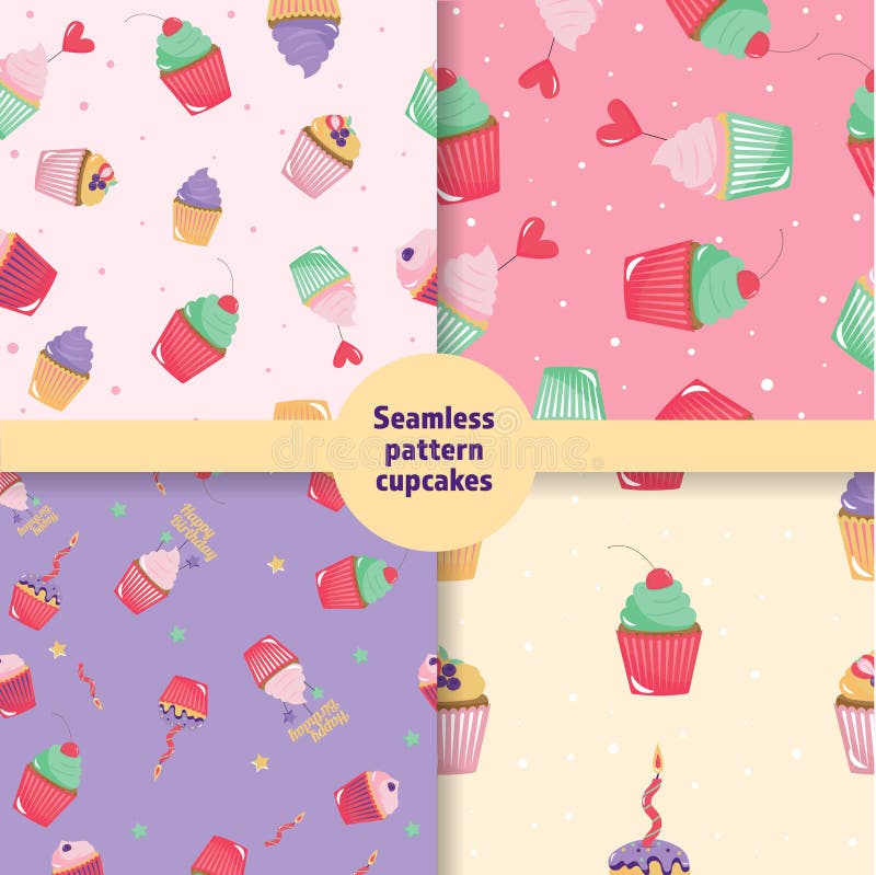 A Set of Seamless Different Cupcake Patterns Stock Vector - Illustration of donut, delicious ...