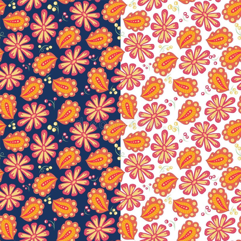 Set of Seamless Floral Patterns on Dark and Light Background in Doodle ...