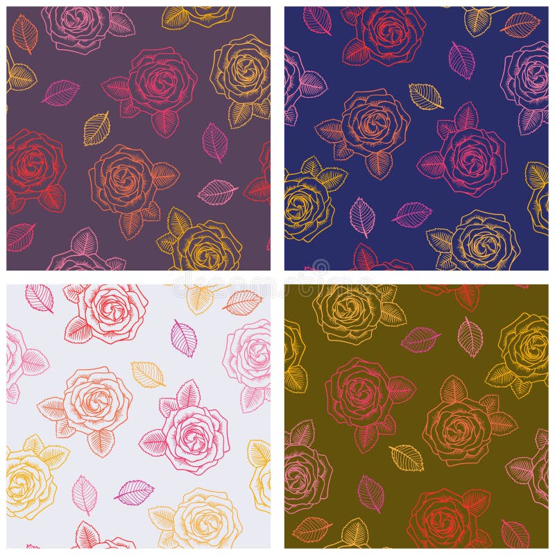 Set of Seamless Graphic Contour Roses Pattern Stock Vector ...