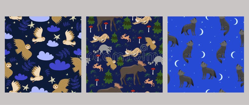 Set of Seamless Night Patterns with Animals. Vector Graphics Stock ...