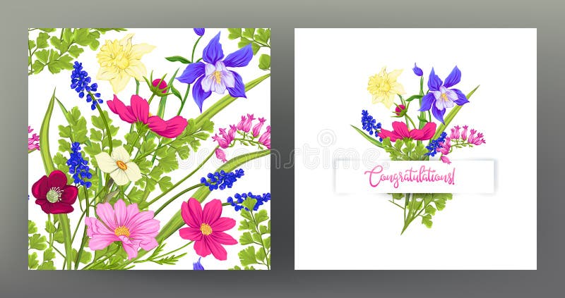 Set of Seamless Pattern and Greeting Card with a Bouquet of Spring ...