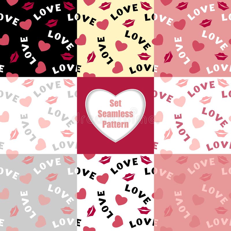 Set Seamless Pattern with Hearts Lips and Inscription Love Stock Vector ...