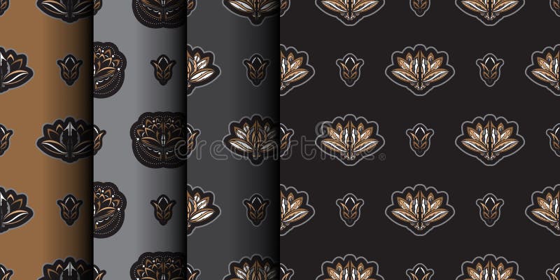 Set of Seamless Pattern with Lotuses. Dark Background. Expensive and ...