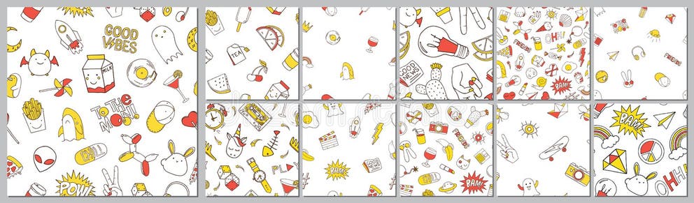 Set of Seamless Pattern with Patch Doodles Stock Vector - Illustration ...