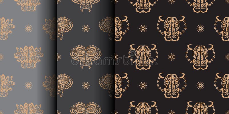 Set of Seamless Pattern with a Tiger Head in a Simple Style. Good for ...