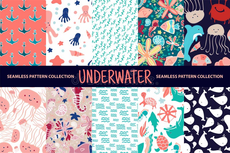 Set of 10 Seamless Pattern. Underwater World. Sea Animals Stock Illustration - Illustration of ...