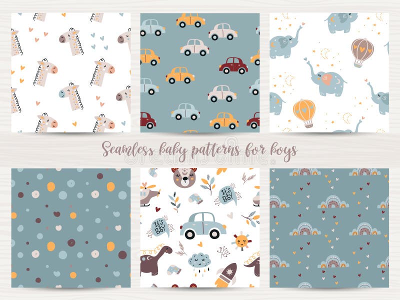 Set of Seamless Patterns for Baby Boys. Stock Vector - Illustration of ...