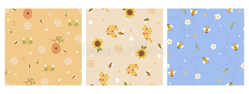Set of Seamless Patterns with Bees and Flowers. Vector Graphics Stock Vector - Illustration of ...