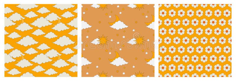 Set of Seamless Patterns in the Boho Style. a Pattern with Vintage Sun, Flowers, Moon, Clouds ...