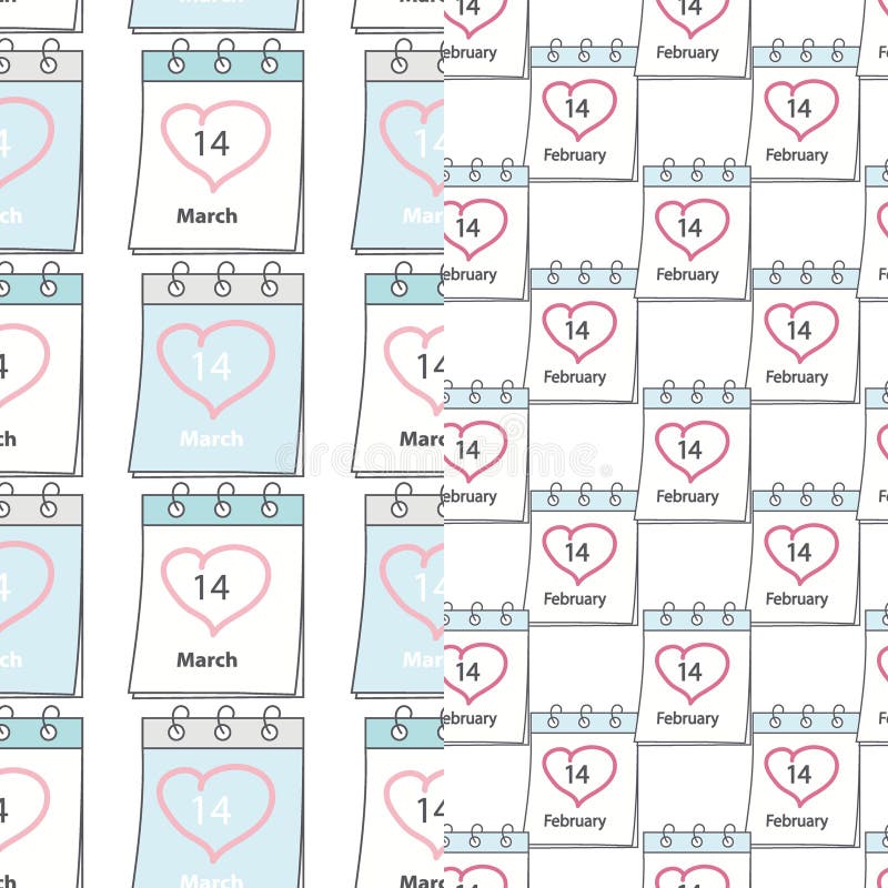 Set of 2 Seamless Patterns with Calendar Page and Date 14 February and ...