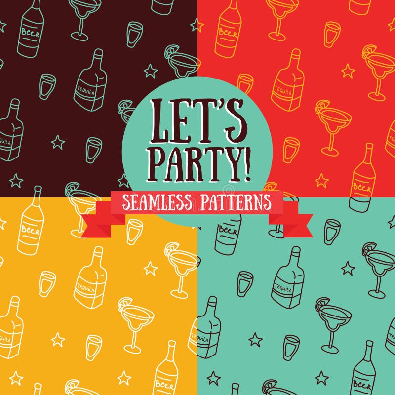 Set of Seamless Patterns with Cocktails and Bottles of Alcohol Stock ...