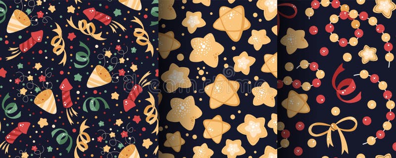 Set of Seamless Patterns with Crackers, Streamers, Fireworks, Stars and Bows. Vector Festive ...
