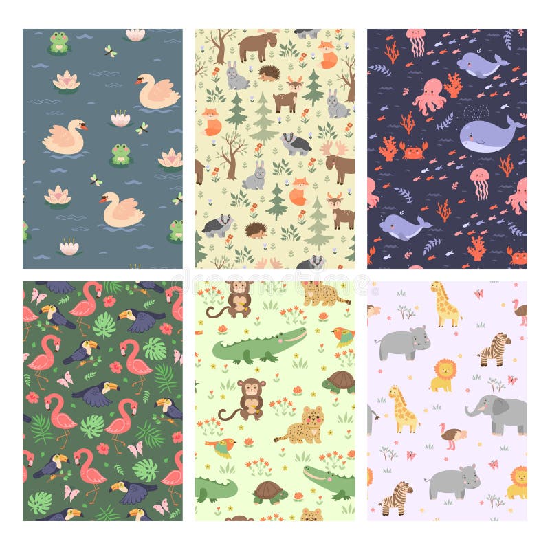 Set of Seamless Patterns with Cute Animals. Vector Graphics Stock ...