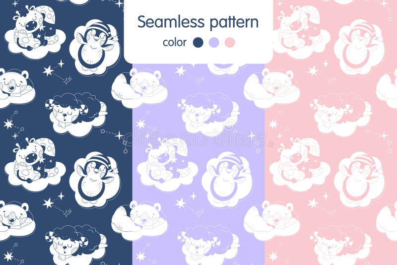 Set of Seamless Patterns with Cute Sleeping Animals on the Clouds Stock ...