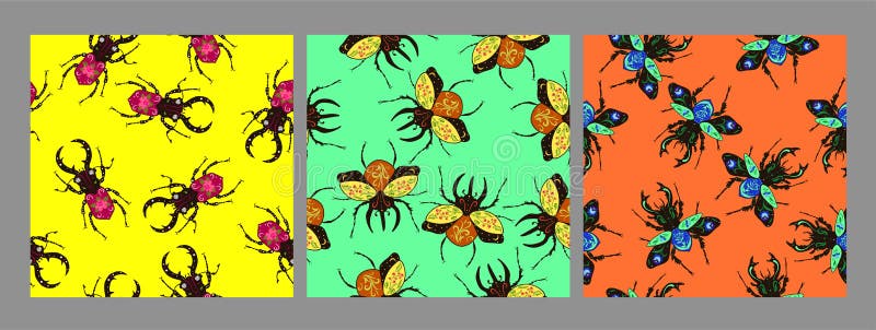 Set of Seamless Patterns with Decorative Beetles. Vector Graphics Stock Illustration ...