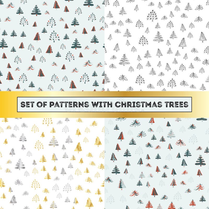 Set of Seamless Patterns with Doodle Christmas Trees. Christmas Texture ...