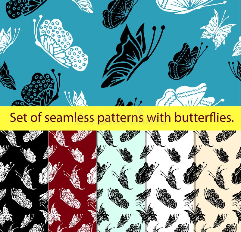Set of Seamless Patterns with Fluttering and Beautiful Butterflies ...