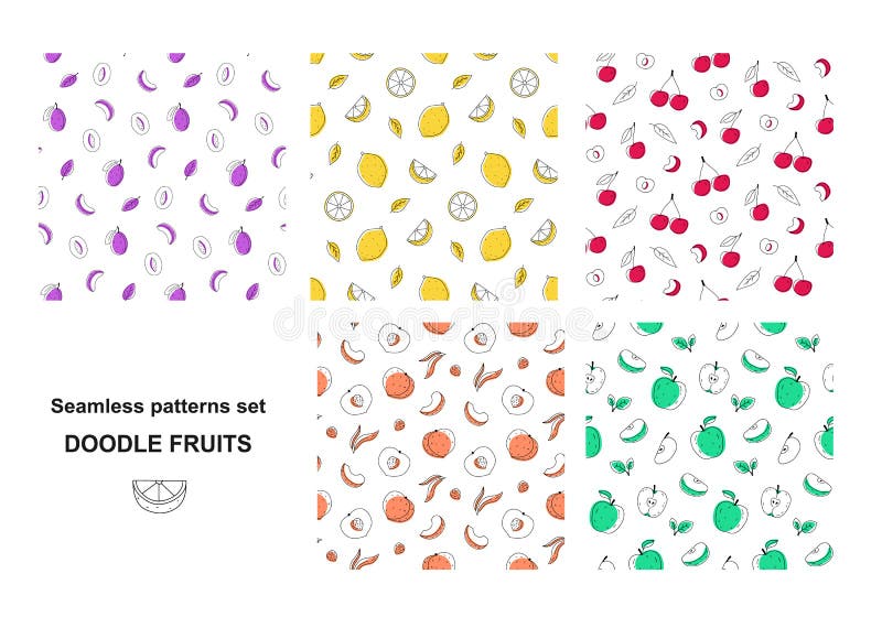Set Seamless Patterns Line Art Doodle Fruits for Packing Stock Vector ...