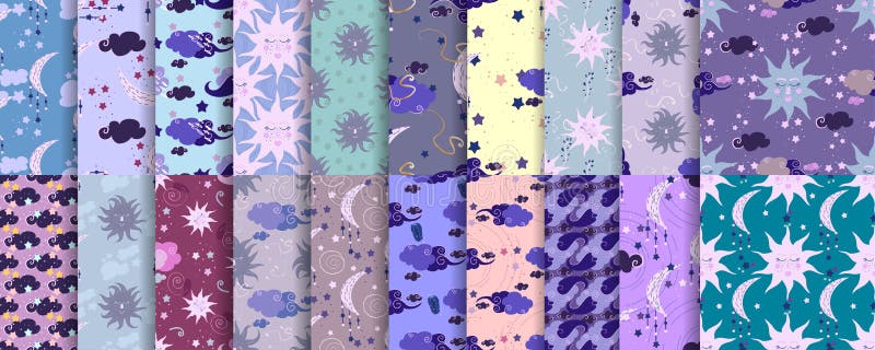 Set Seamless Patterns Magic Astrology for Kids with Celestial Elements, Sun, Moon, Stars and ...
