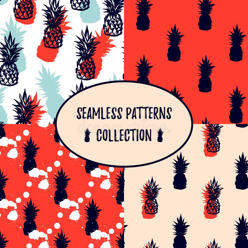 Set of Seamless Patterns with Pineapples. Vector Illustration Stock Vector - Illustration of ...