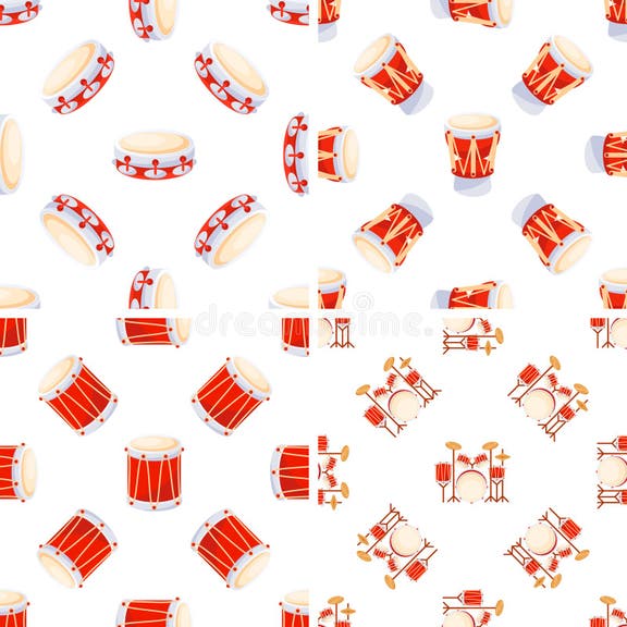 Set of Seamless Patterns with Red Drums, Tom Toms and Drum Kits ...