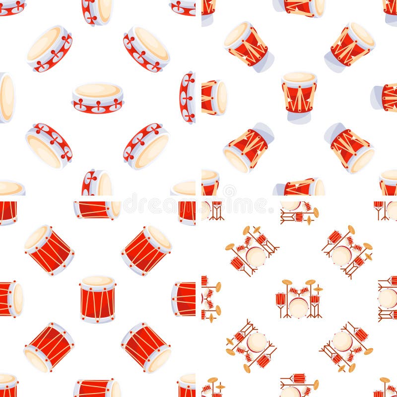 Set of Seamless Patterns with Red Drums, Tom Toms and Drum Kits ...