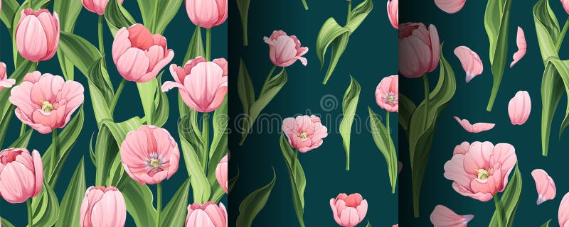 Set of Seamless Patterns with Spring Flowers. Texture with Pink Tulips ...