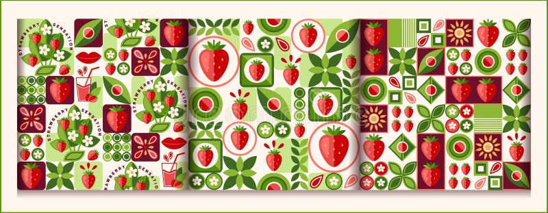Set of Seamless Patterns with Strawberry and Abstract Geometric Shapes ...