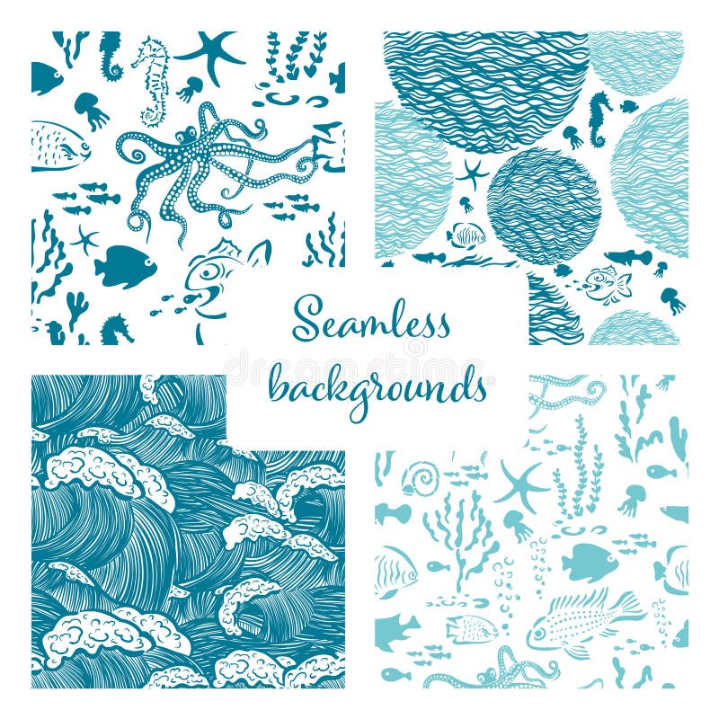 Set Seamless Patterns with Waves. Design for Backdrops with Sea, Rivers ...
