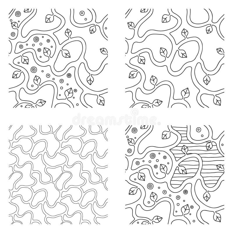 Set of Seamless Vector Black and White Hand Drawn Pattern with Branch ...