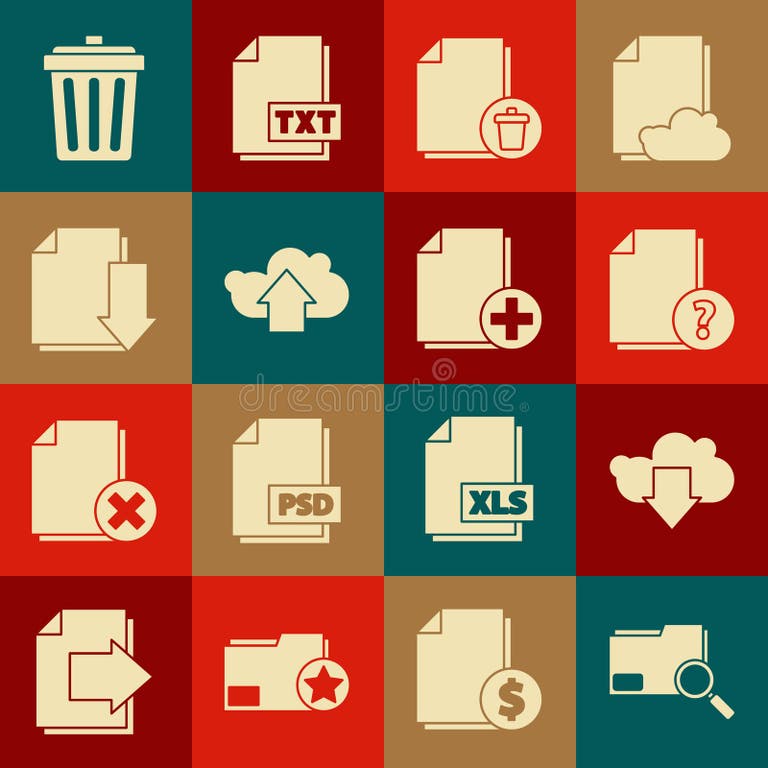 Set Search Concept with Folder, Cloud Download, Unknown Document, Delete File, Upload, Document ...