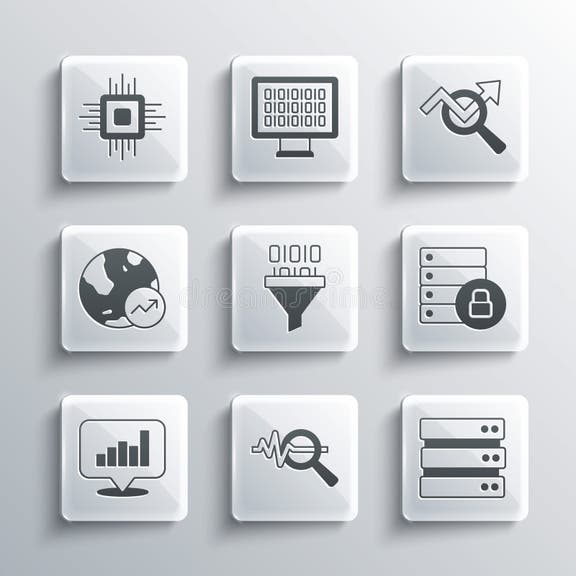 Set Search Data Analysis, Server, Security with Padlock, Binary Code, Pie Chart Infographic ...