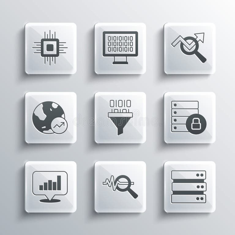 Set Search Data Analysis, Server, Security with Padlock, Binary Code, Pie Chart Infographic ...