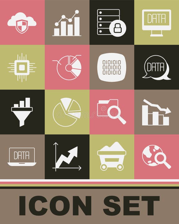 Set Search Globe, Financial Growth Decrease, Data Analysis, Server Security with Padlock, Pie ...