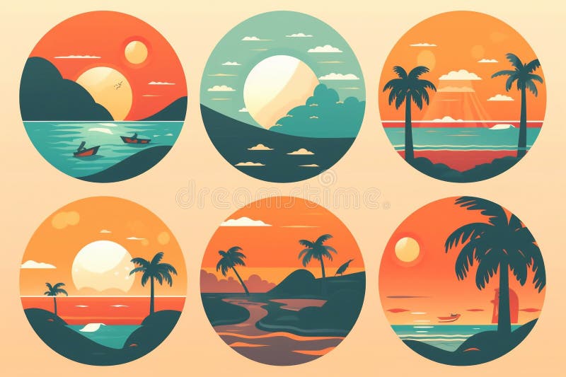 Set of Seascape Icons. Exotic Vacation at Sea Stock Illustration ...