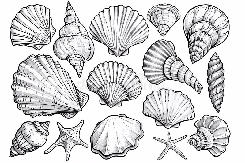 A Set of Seashells Coloring Pages. Black and White Contour Shells Stock ...