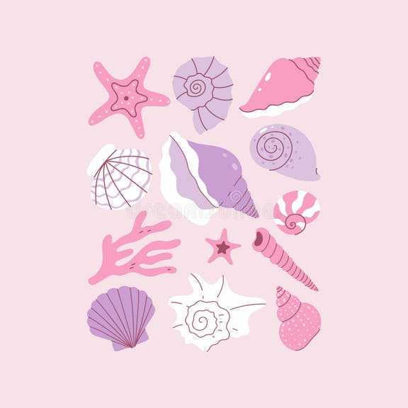 Set of Seashells in Soft Pink and Purple Colors. Vector Graphics Stock ...