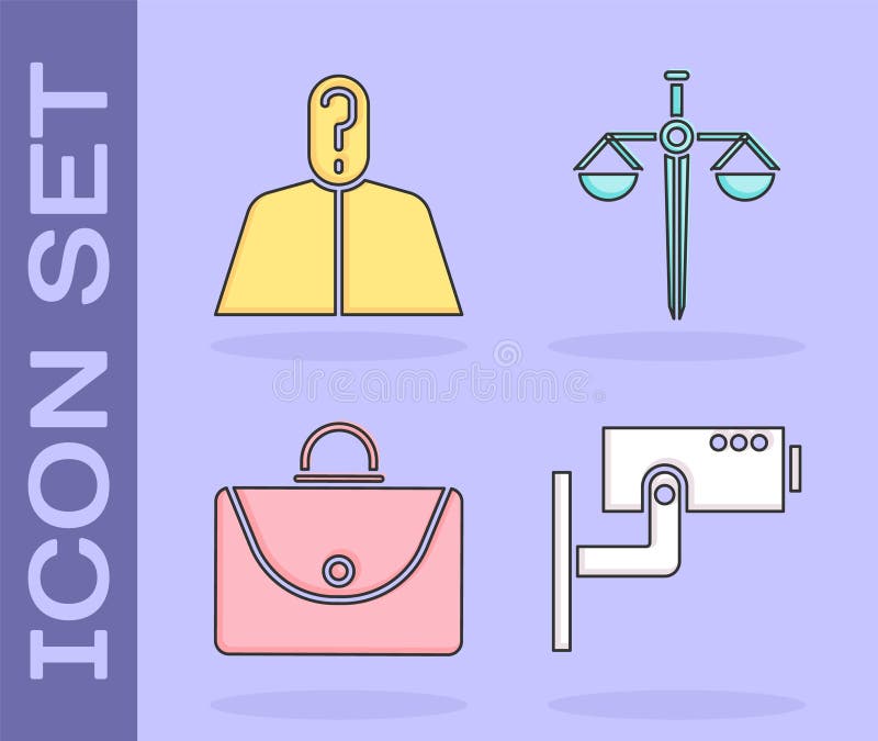 Set Security Camera, Anonymous with Question Mark, Briefcase and Scales ...