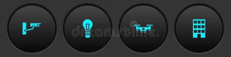 Set Security Camera, Light Bulb, Drone Flying and House Icon. Vector ...